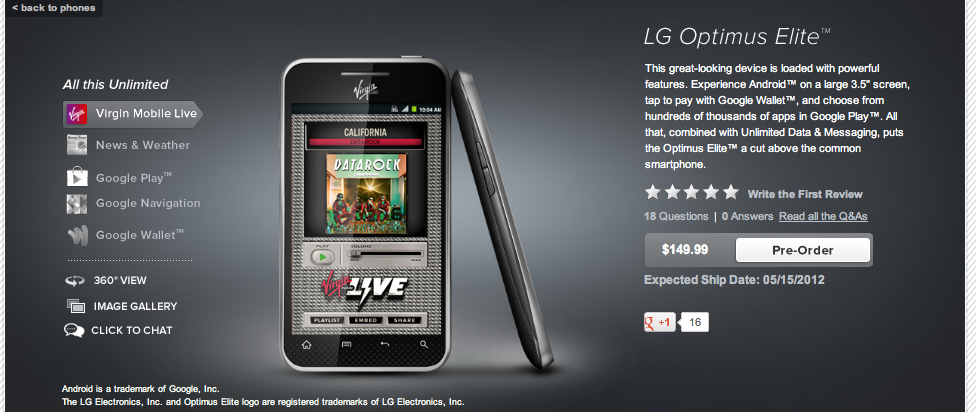 LG Optimus Elite Up For Pre-Order on Virgin Mobile USA - Talk Android